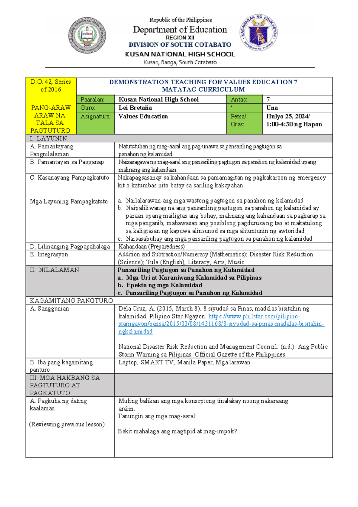 LP for Values Ed 7 - Demonstration Teaching Lesson Plan on Preparedness ...