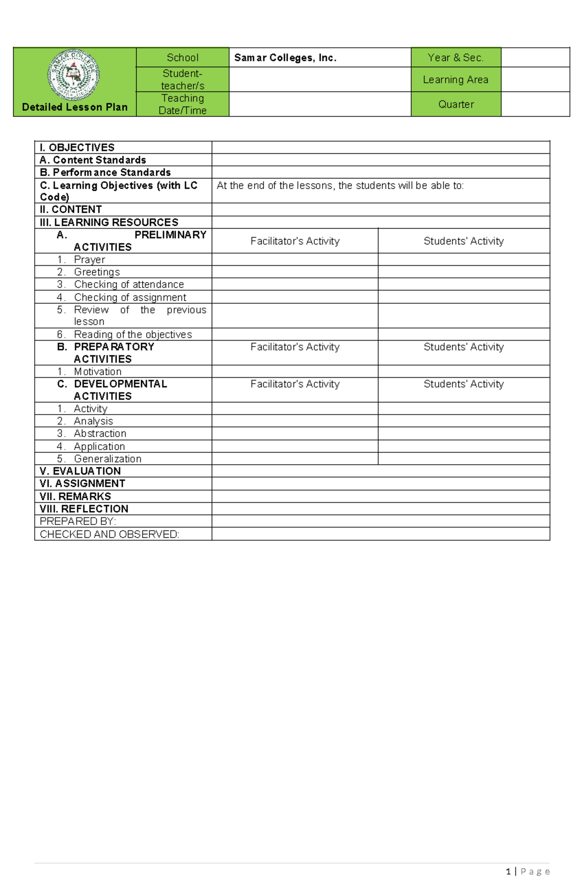 Detailed Lesson Plan Format for Teaching at Samar Colleges, Inc. - Studocu