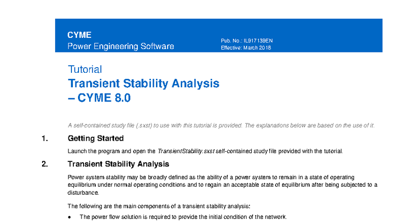 Transient Stability Analysis Tutorial for CYME 8.0 (Pub. No ...