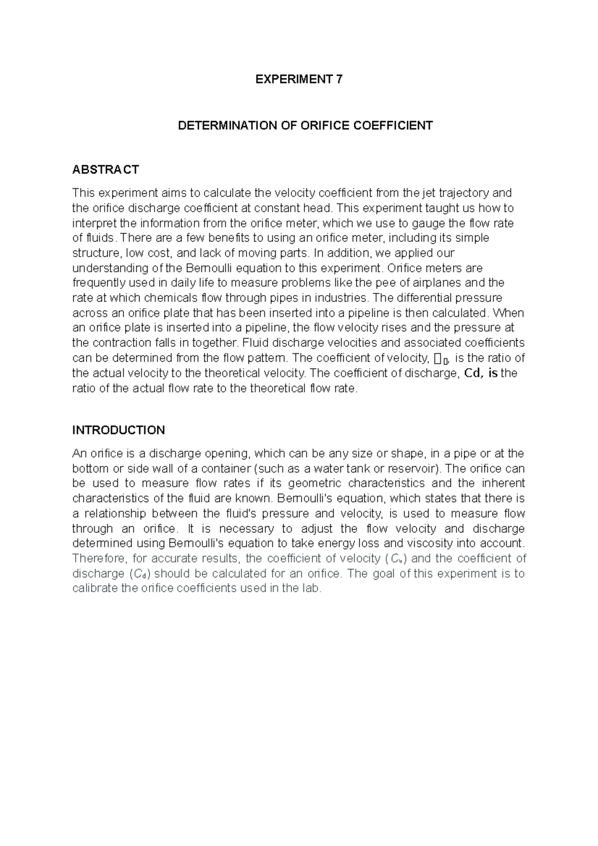 Experiment 7: Orifice Coefficient Calculation and Analysis - Studocu