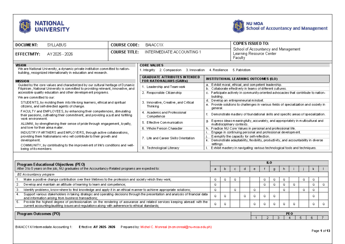 ACT BAIACC1X Intermediate Accounting 1 Syllabus AY 2025-2026 - Studocu