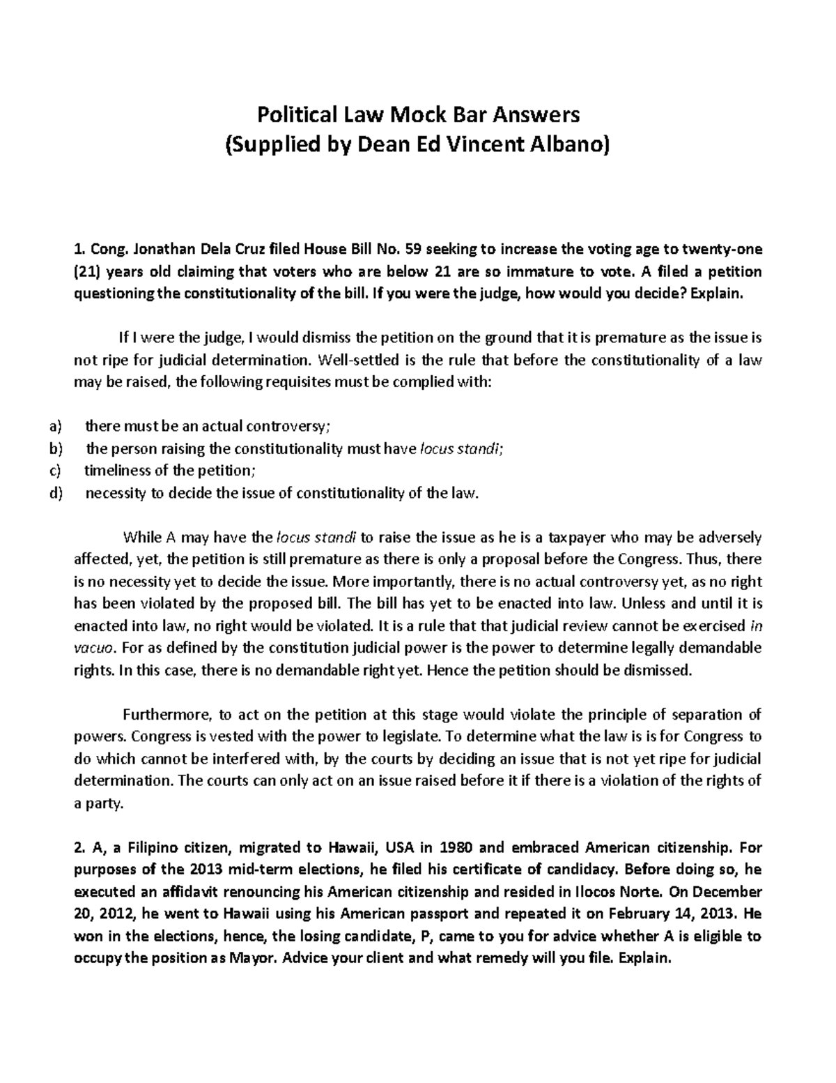 Political Law Mock Bar Exam Answers (Dean Ed Vincent Albano) - Studocu