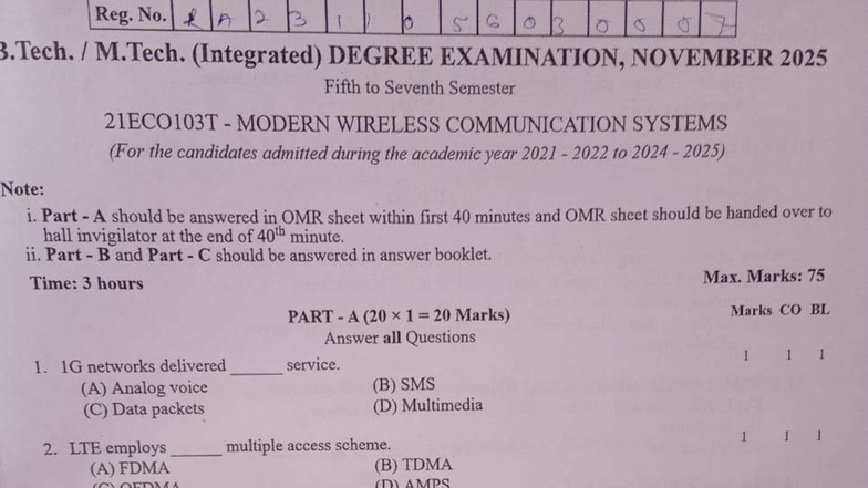 21ECO103T Modern Wireless Communication Systems University Paper - Nov 2025 - Studocu