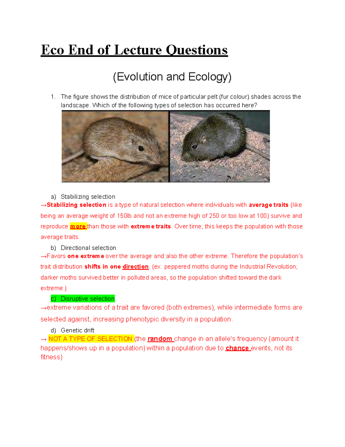 Eco Midterm Lecture Questions on Evolution and Ecology - Studocu