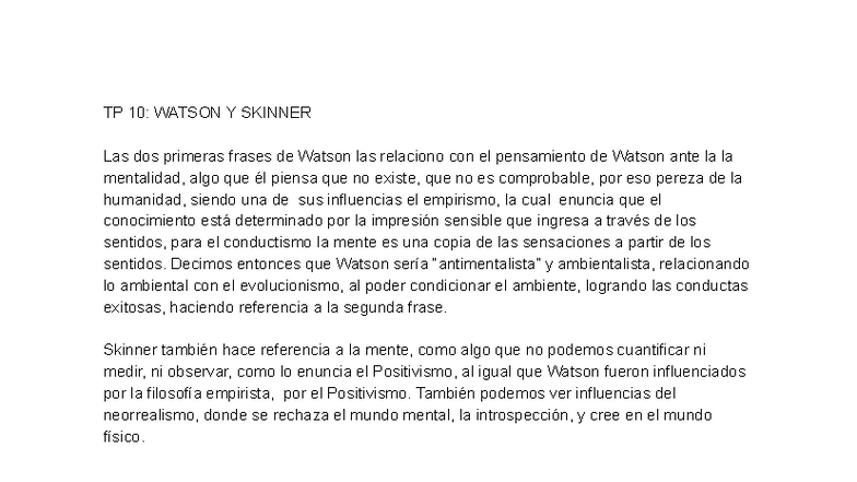 TP 10: Análisis de Watson y Skinner en el Conductismo - Studocu