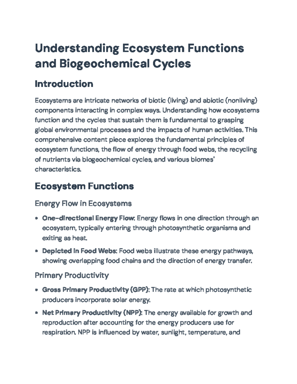 Ecosystem Functions and Biogeochemical Cycles Overview (Env Sci 101 ...