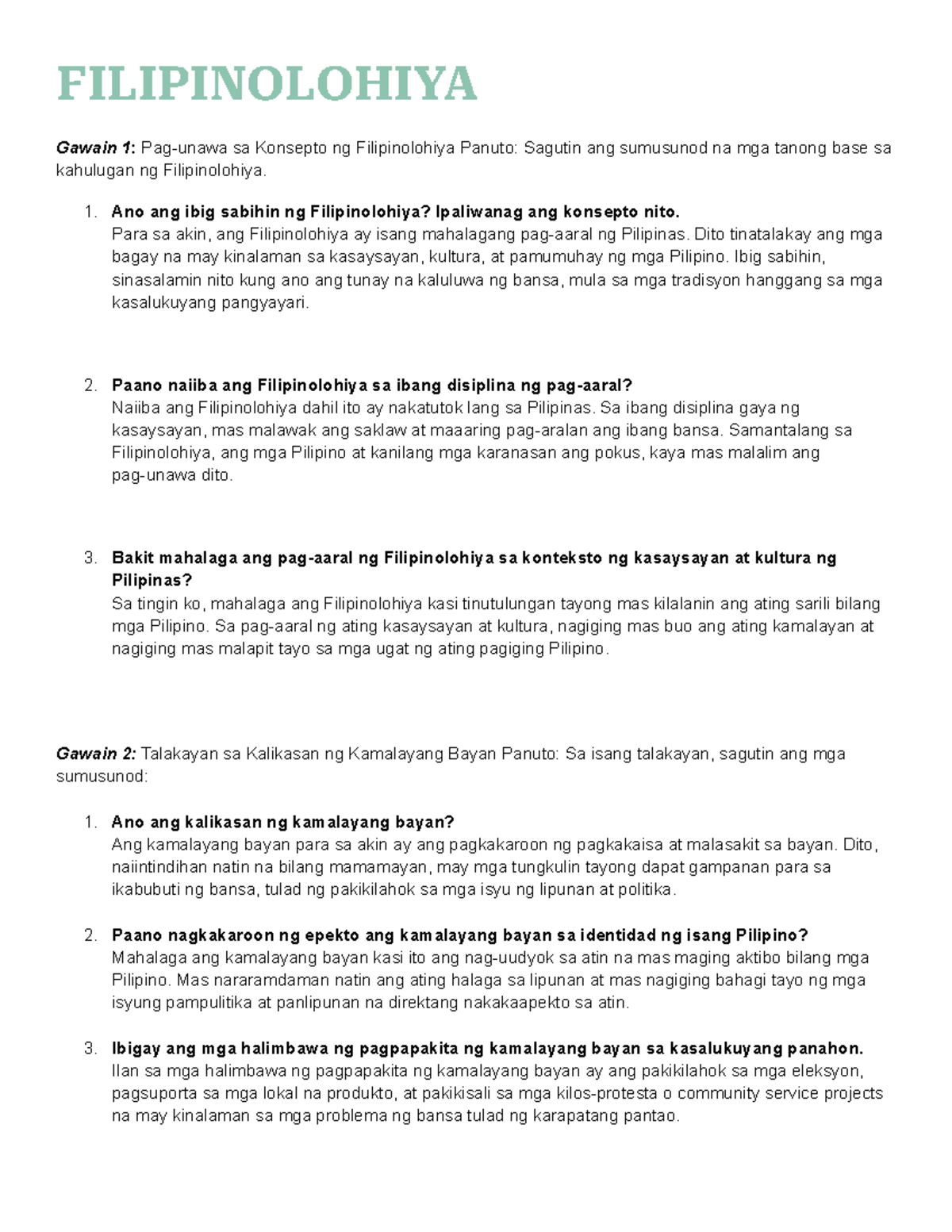 FILO ACT - Filipinolohiya First Activity - FILIPINOLOHIYA Gawain 1: Pag ...