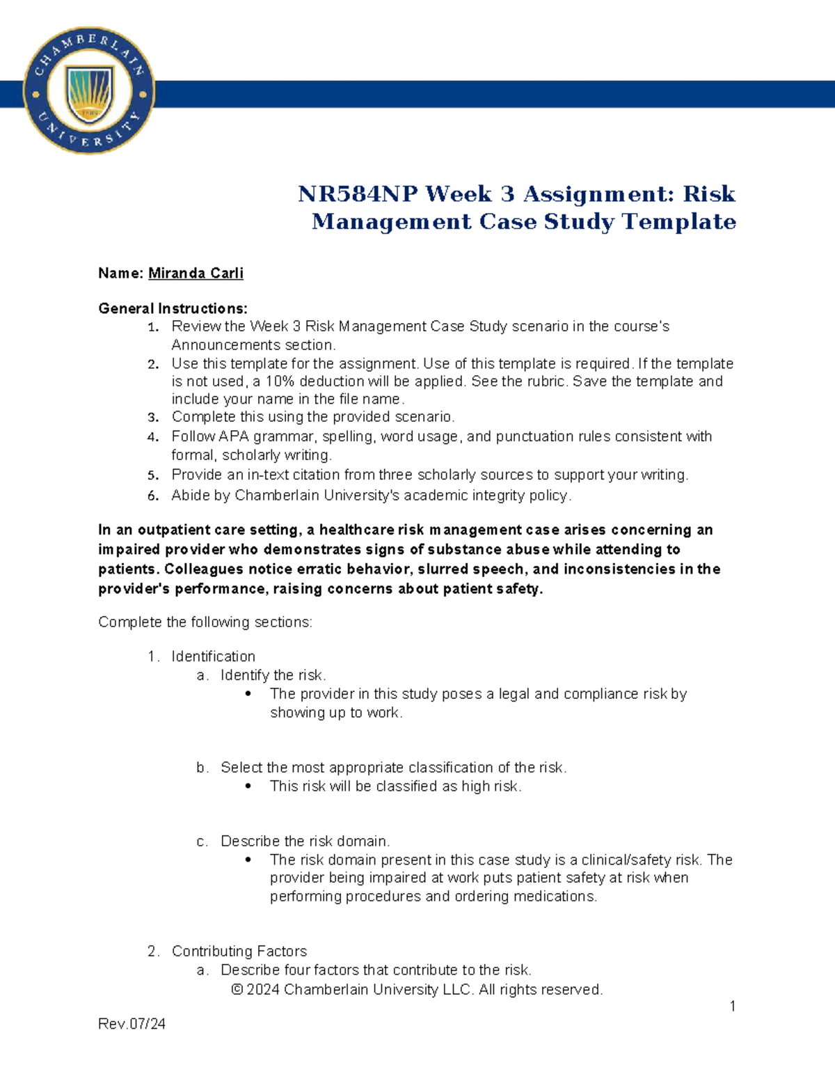 NR584NP Week 3 Risk Management Case Study Analysis and Solutions - Studocu