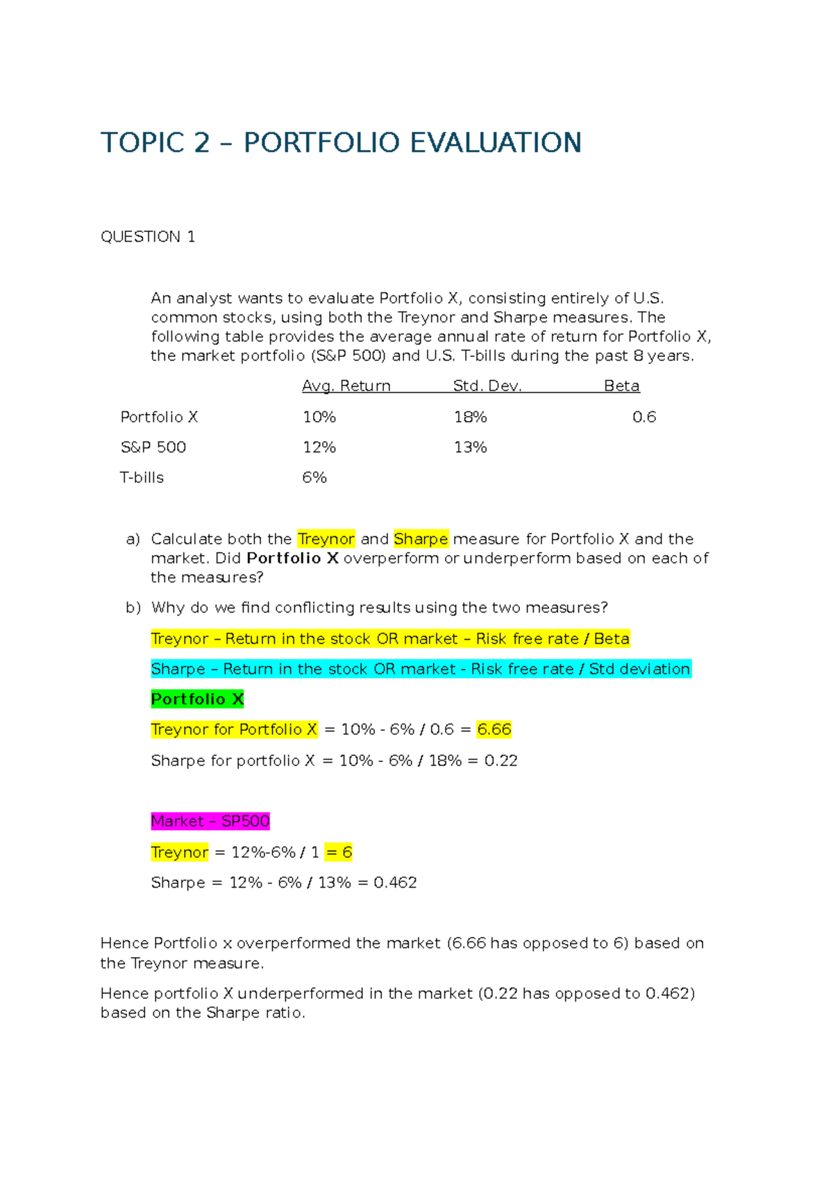 Topic 2: Portfolio Evaluation - Treynor & Sharpe Measures Analysis - Studocu