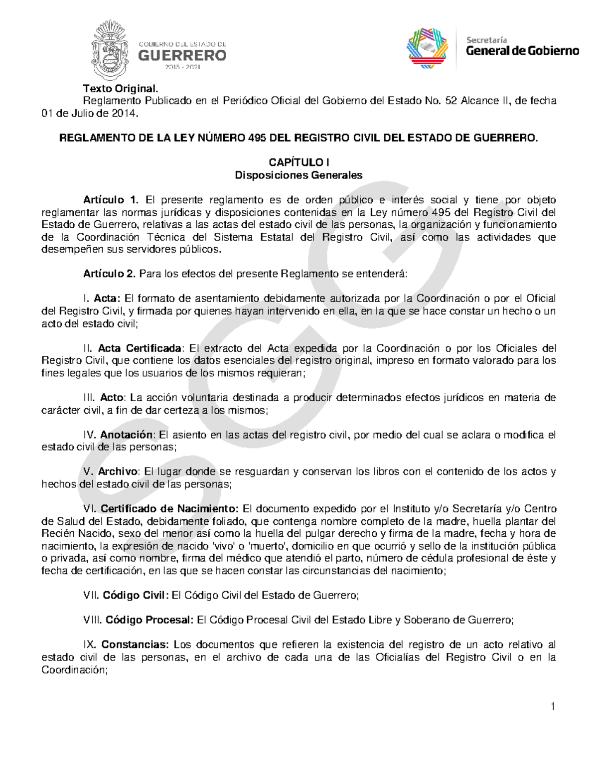 Reglamento de la Ley N° 495 del Registro Civil en Guerrero - 2014 - Studocu