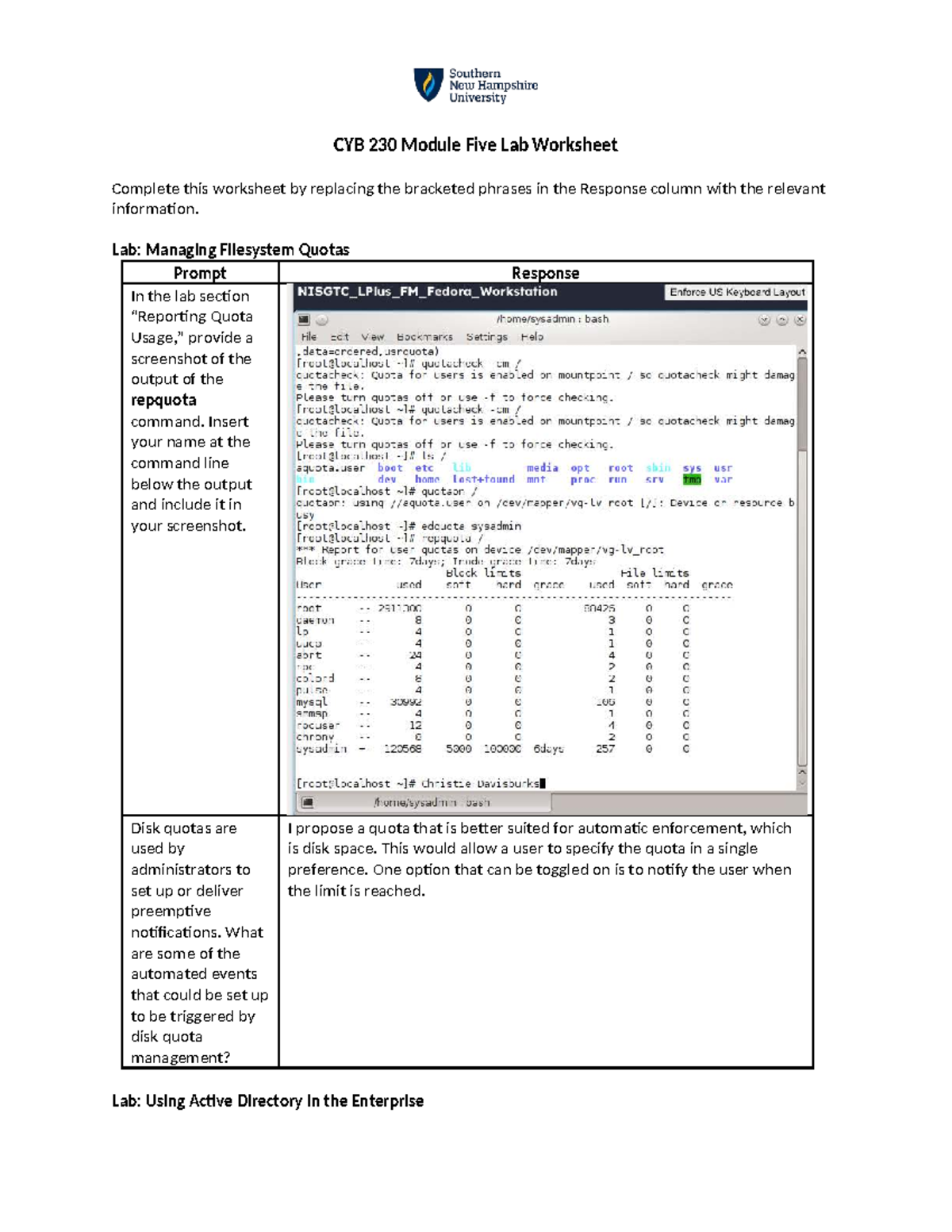 CYB 230 Module Five Lab Worksheet - Managing Filesystem Quotas - Studocu