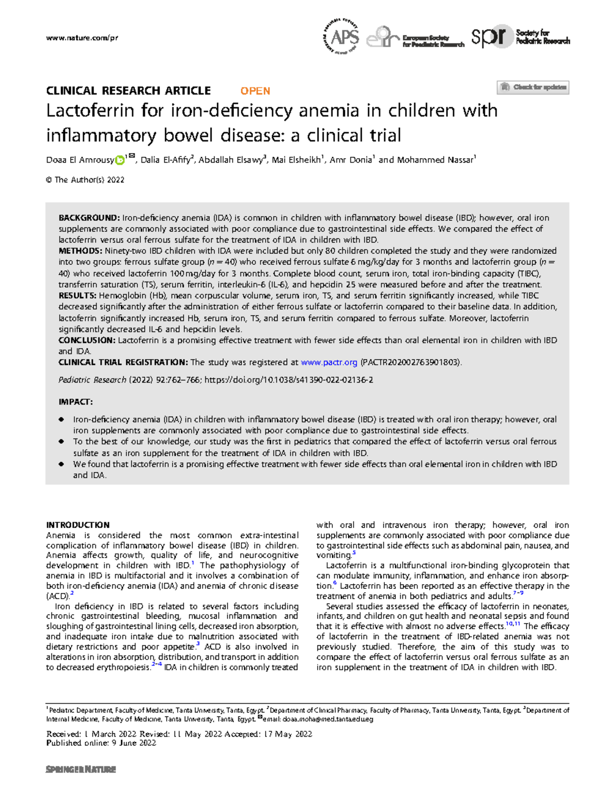 Lactoferrin vs Ferrous Sulfate for IDA in IBD Children: A Clinical ...