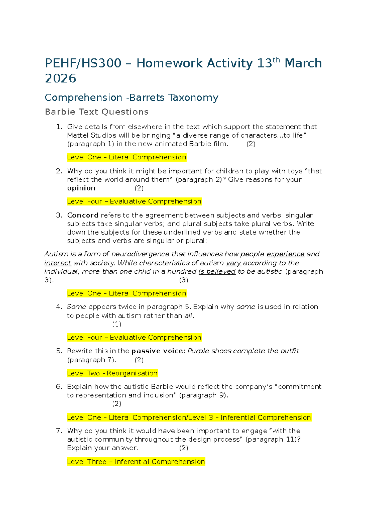 Comprehension Test Example: Homework Activity - 13th March 2026 - Studocu