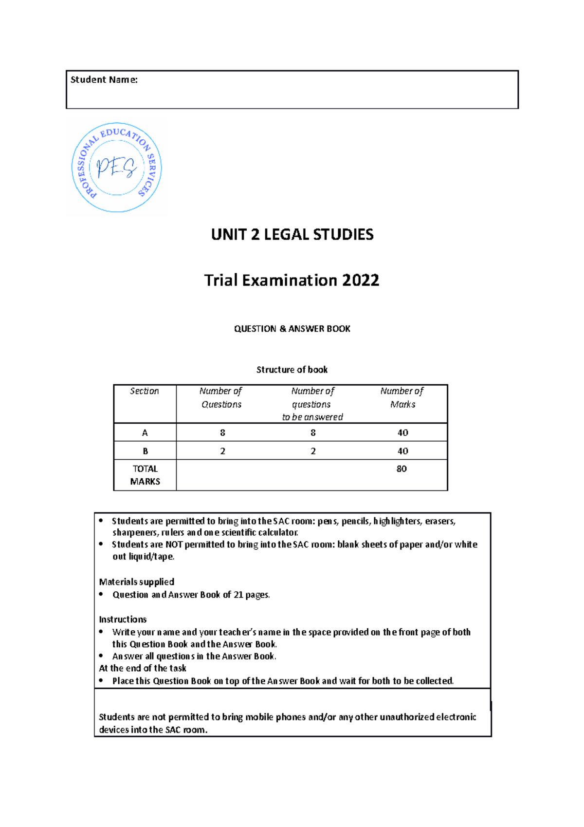 PES 2022 Unit 2 Legal Studies Trial Examination Questions & Answers ...