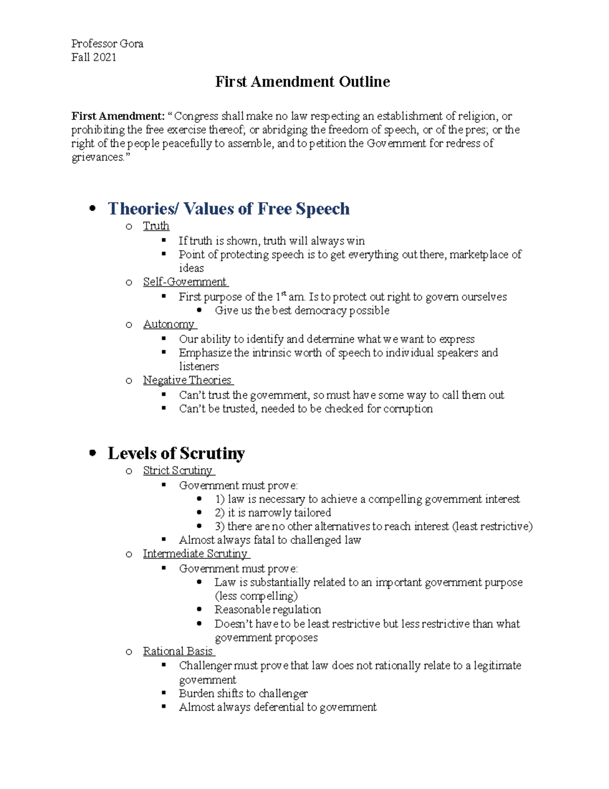 First Amendment Outline from fall 2021 - Professor Gora Fall 2021 First ...