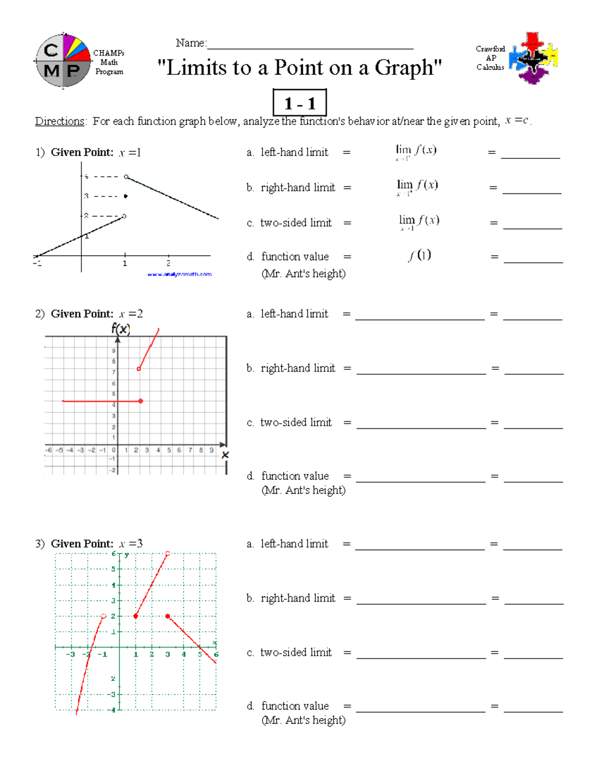 AP Calc AB - Worksheet 1.1: Analyzing Limits at Points on Graphs - Studocu