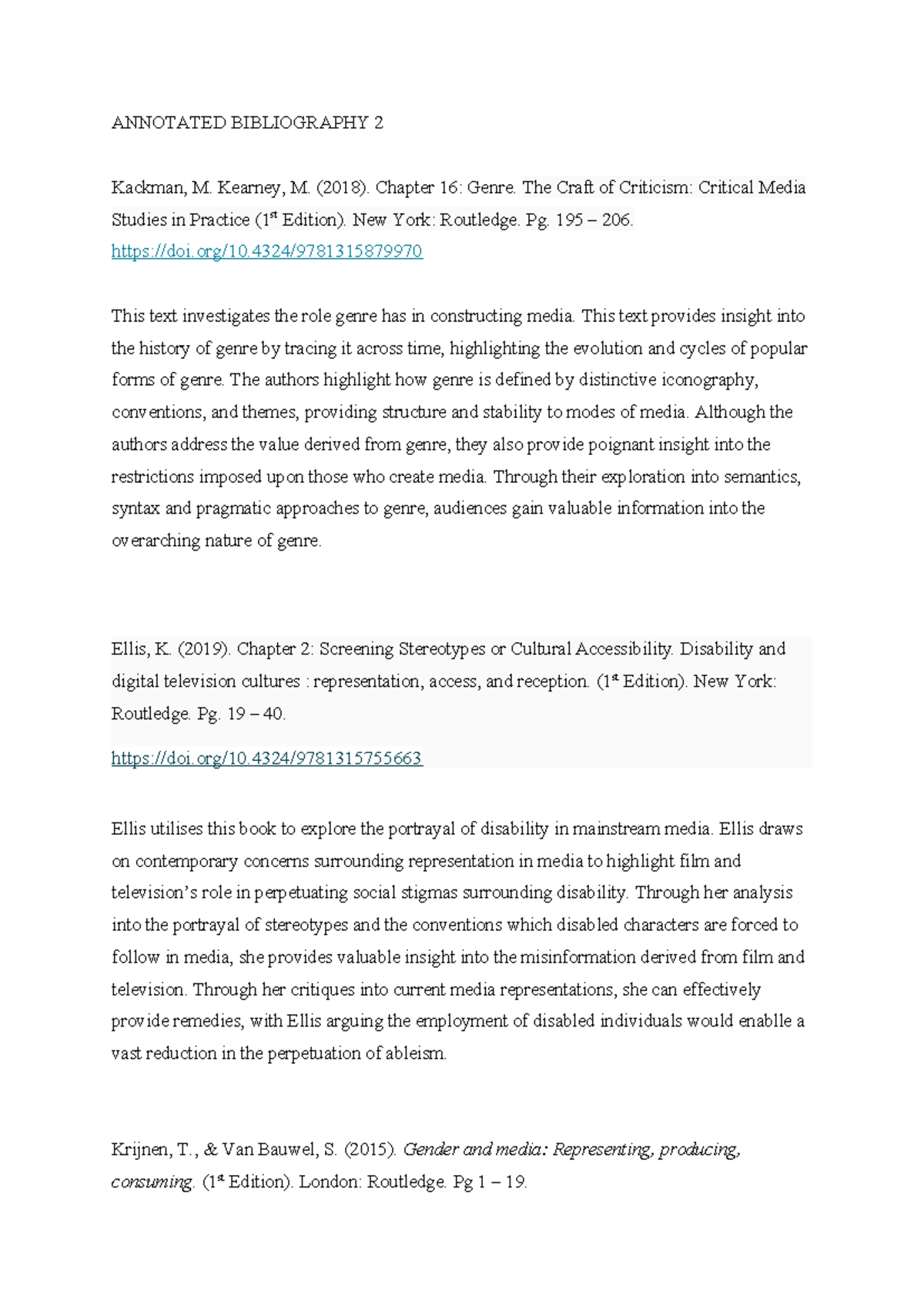 Annotated Bibliography 2: Media Genre and Representation Studies - Studocu