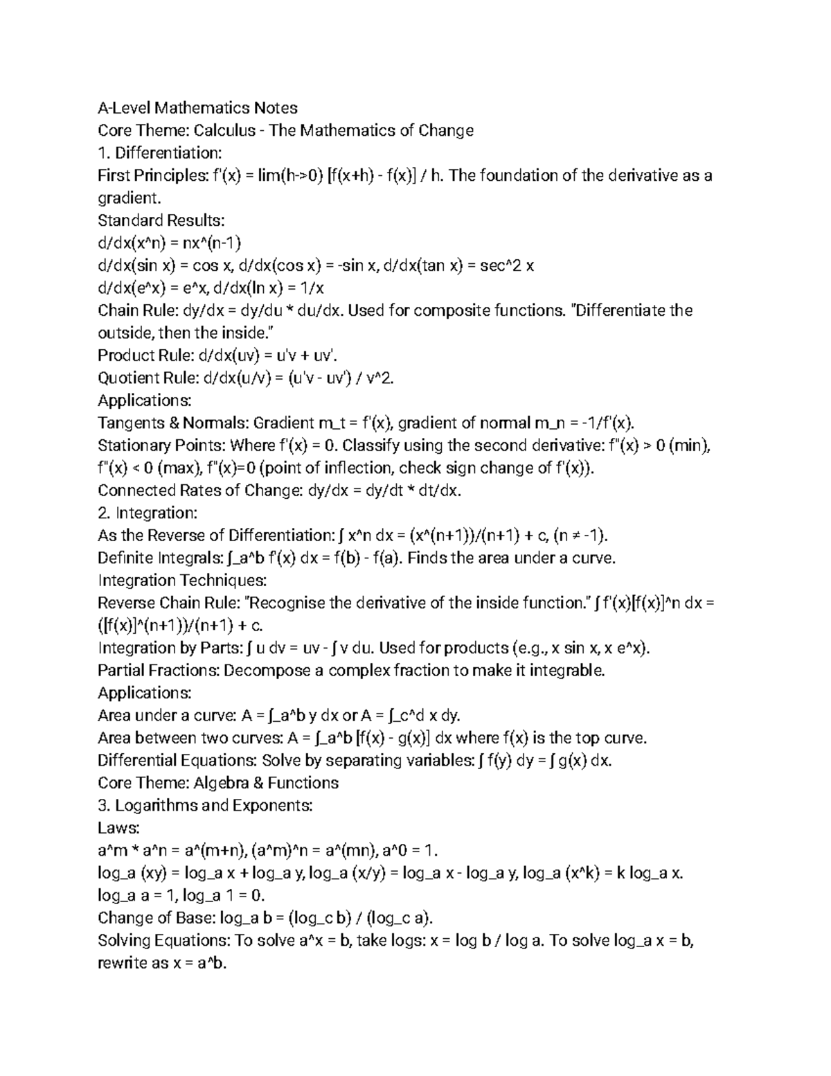 A Level Maths Revision Notes: Core Theme Calculus & Algebra - Studocu