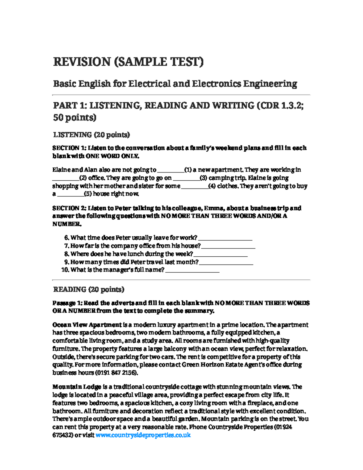 CDR Basic English for Electrical & Electronics Eng. Sample Test - Studocu