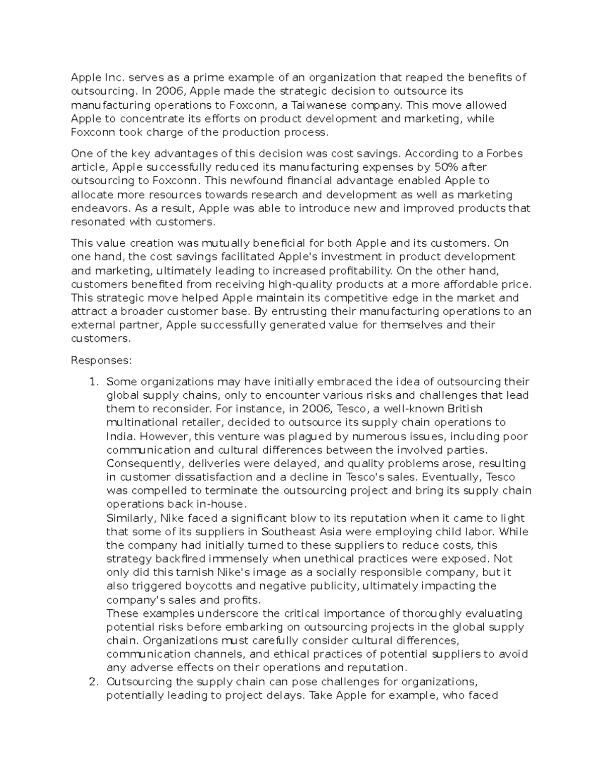 Outsourcing Strategies: Apple Inc. Case Study - Discussion Five - Studocu