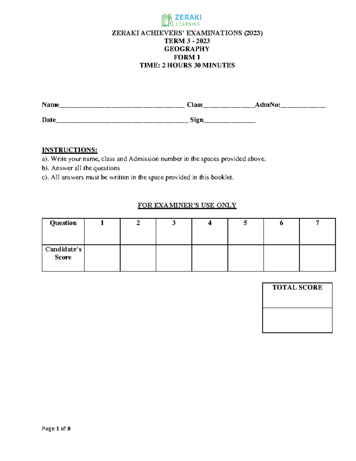 Geography Form 1 - Question paper to print - ZERAKI ACHIEVERS ...