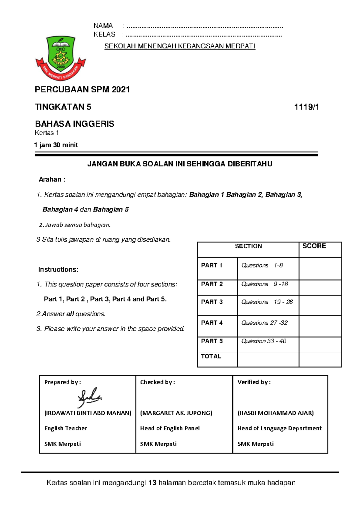 SPM Trial Paper 2021: English Paper 1 (Kertas 1) - Examination Guide ...