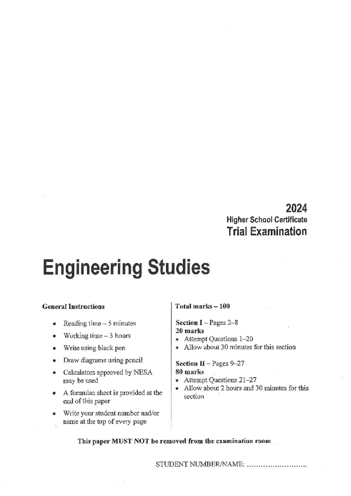 2024 HSC Trial Exam: Engineering Studies General Instructions - Studocu