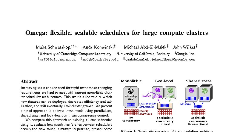 Omega: Scalable Cluster Scheduling with Optimistic Concurrency Control - Studocu