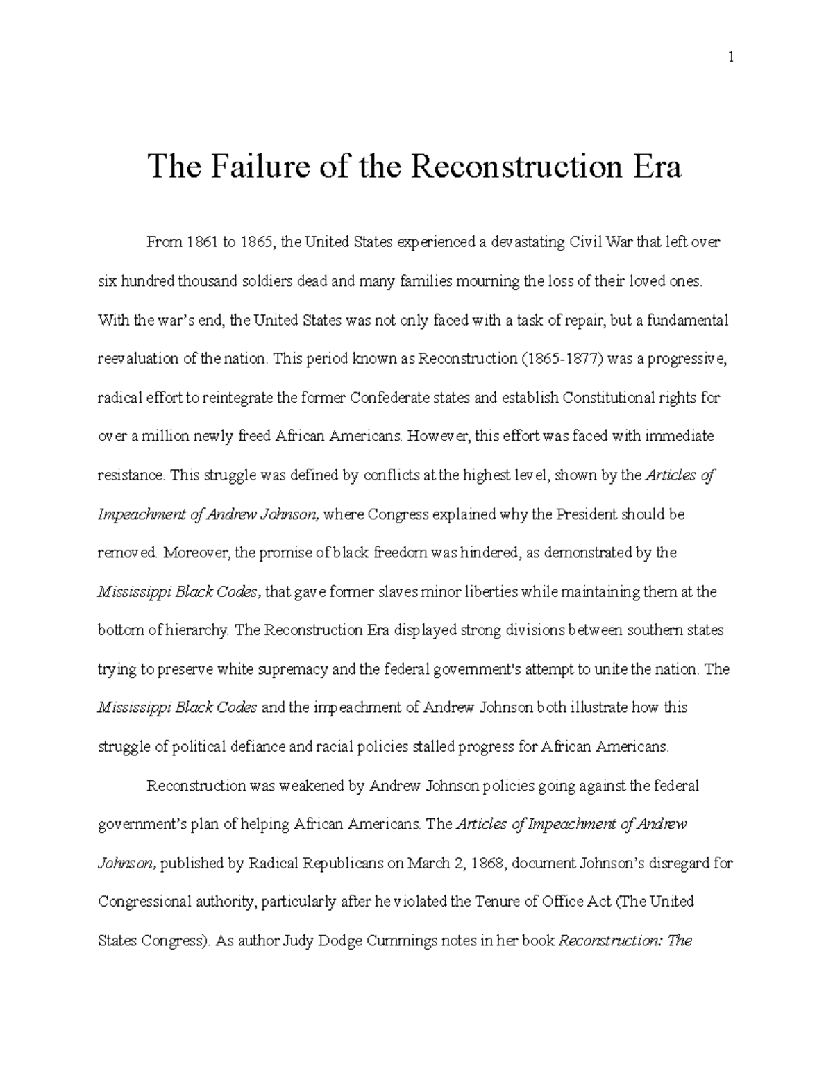 The Failure of Reconstruction: Analyzing Johnson's Impeachment & Black ...
