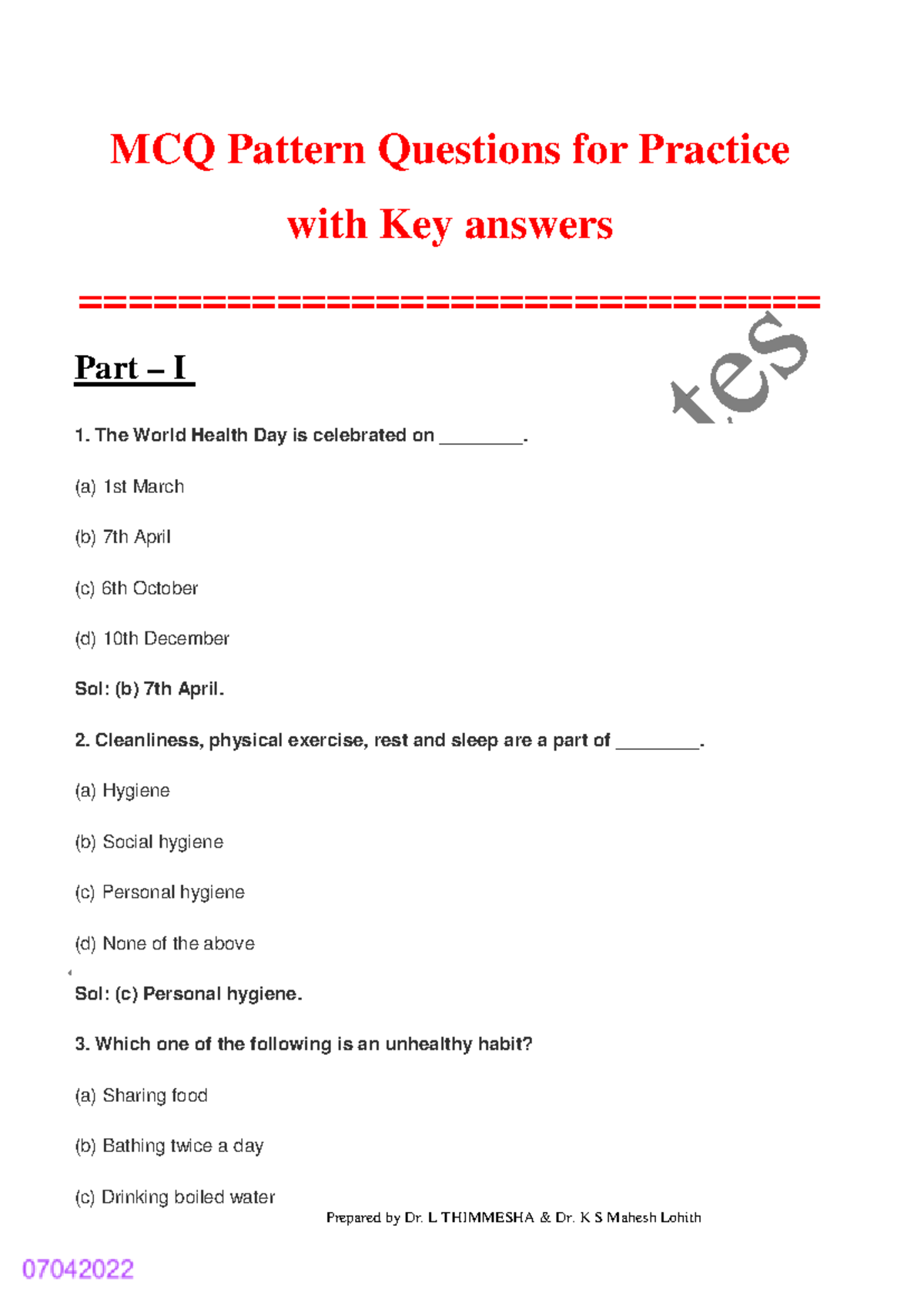 MCQ SFH - MCQ Pattern Questions for Practice with Key answers