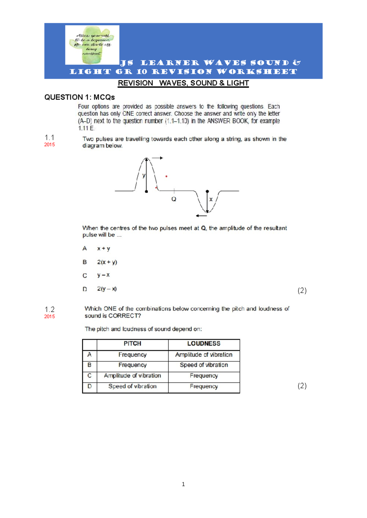 Gr 10 Waves, Sound & Light Revision Worksheet - JS Learner - Studocu