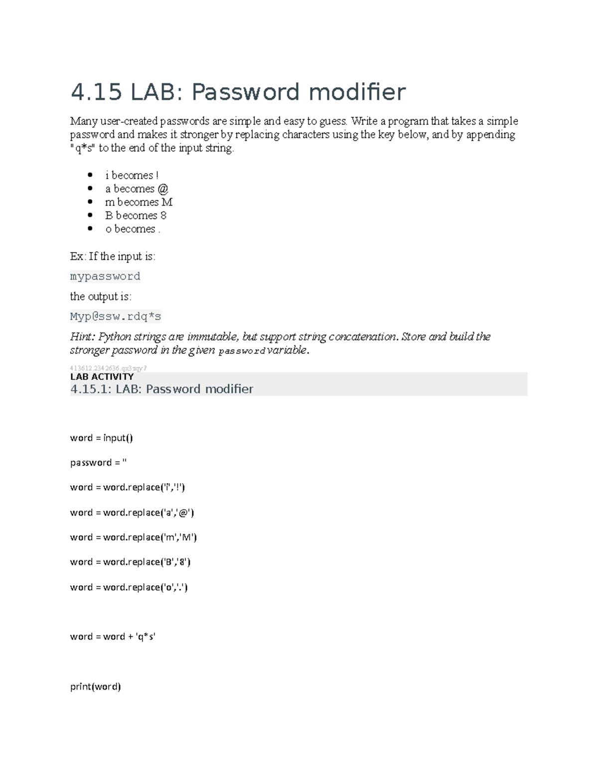4.15 LAB Password modifier - 4 LAB: Password modifier Many user-created ...