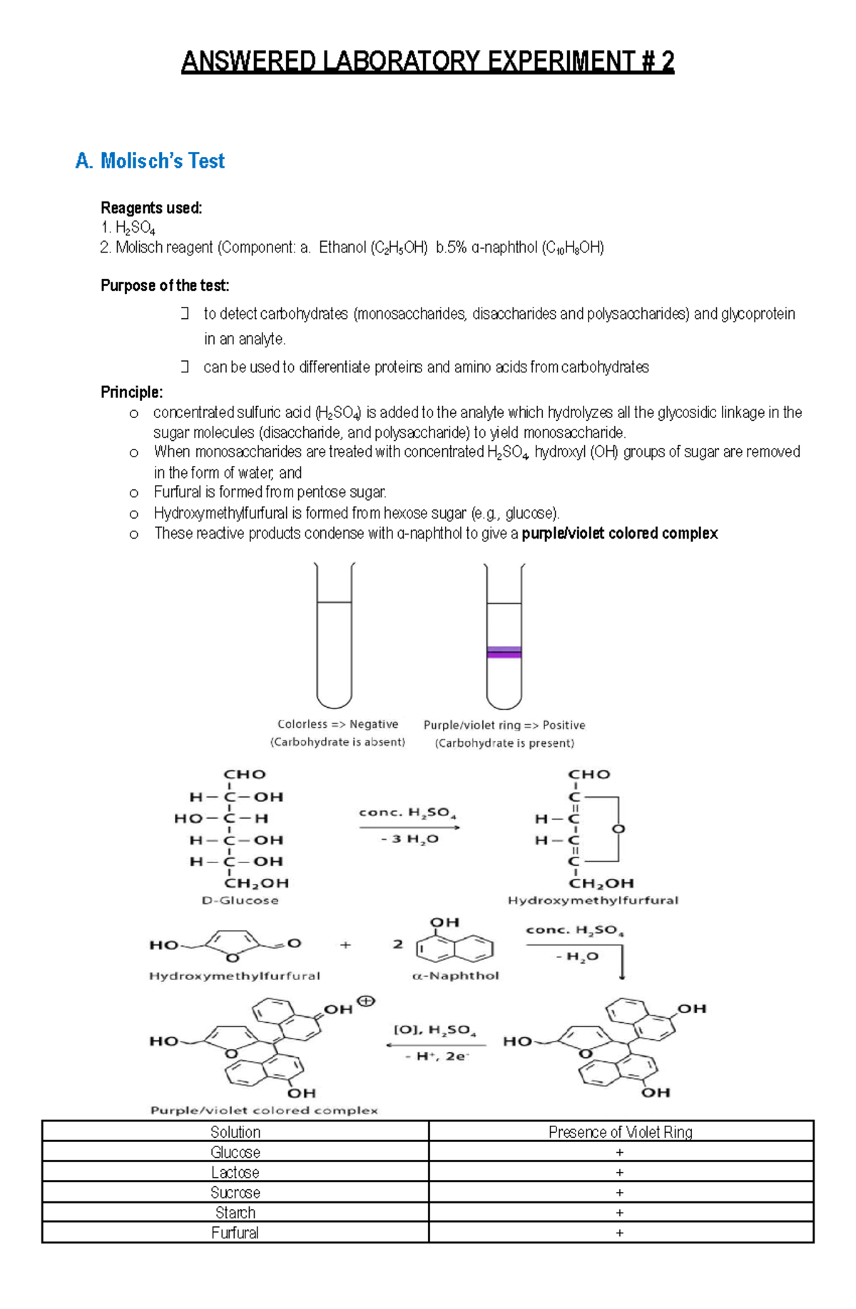 Biochem Lab: Common Reactions of Carbohydrates - Experiment 2 - Studocu