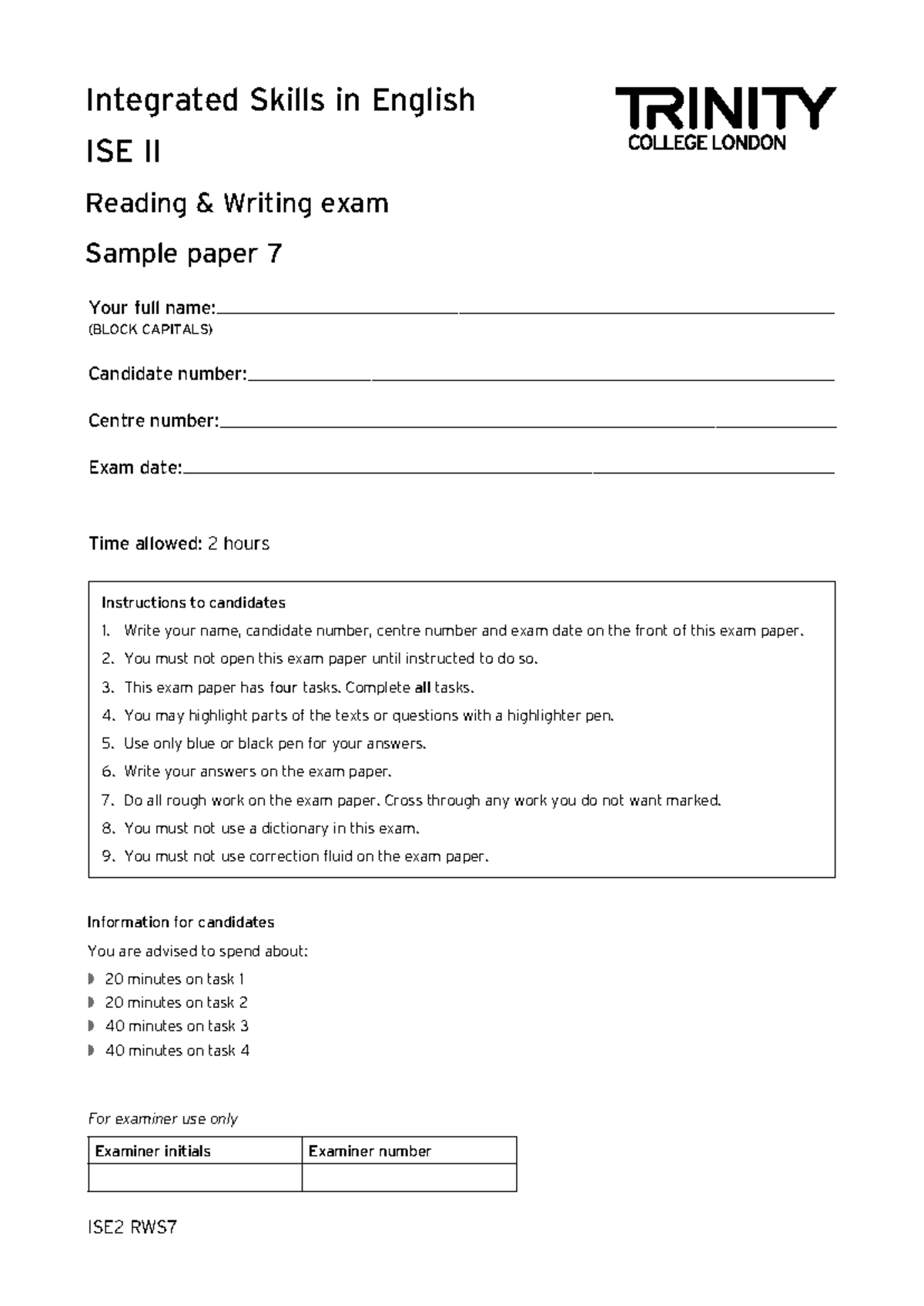 ISE II Integrated Skills in English Reading & Writing Exam Sample Paper ...