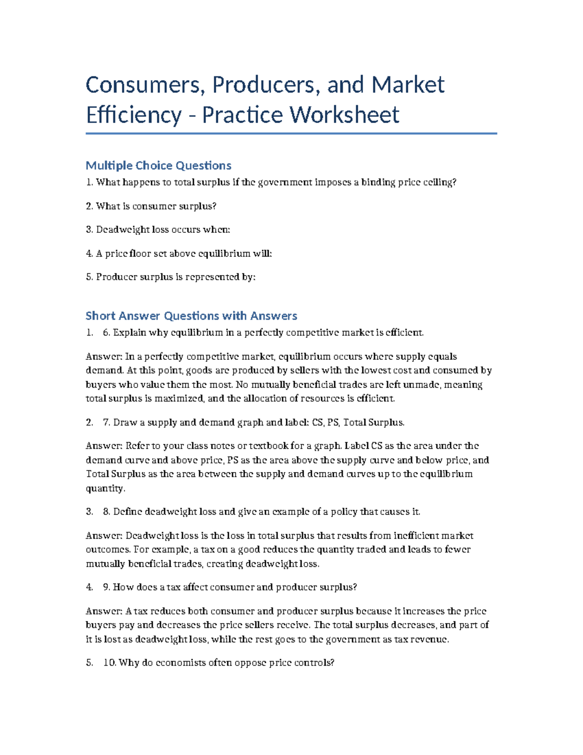 Consumers, Producers, and Market Efficiency MCQ & Short Answers ...