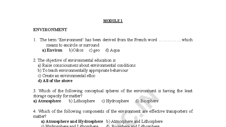 EVS 101: Question Bank on Environmental Studies - Module 1 & 2 - Studocu