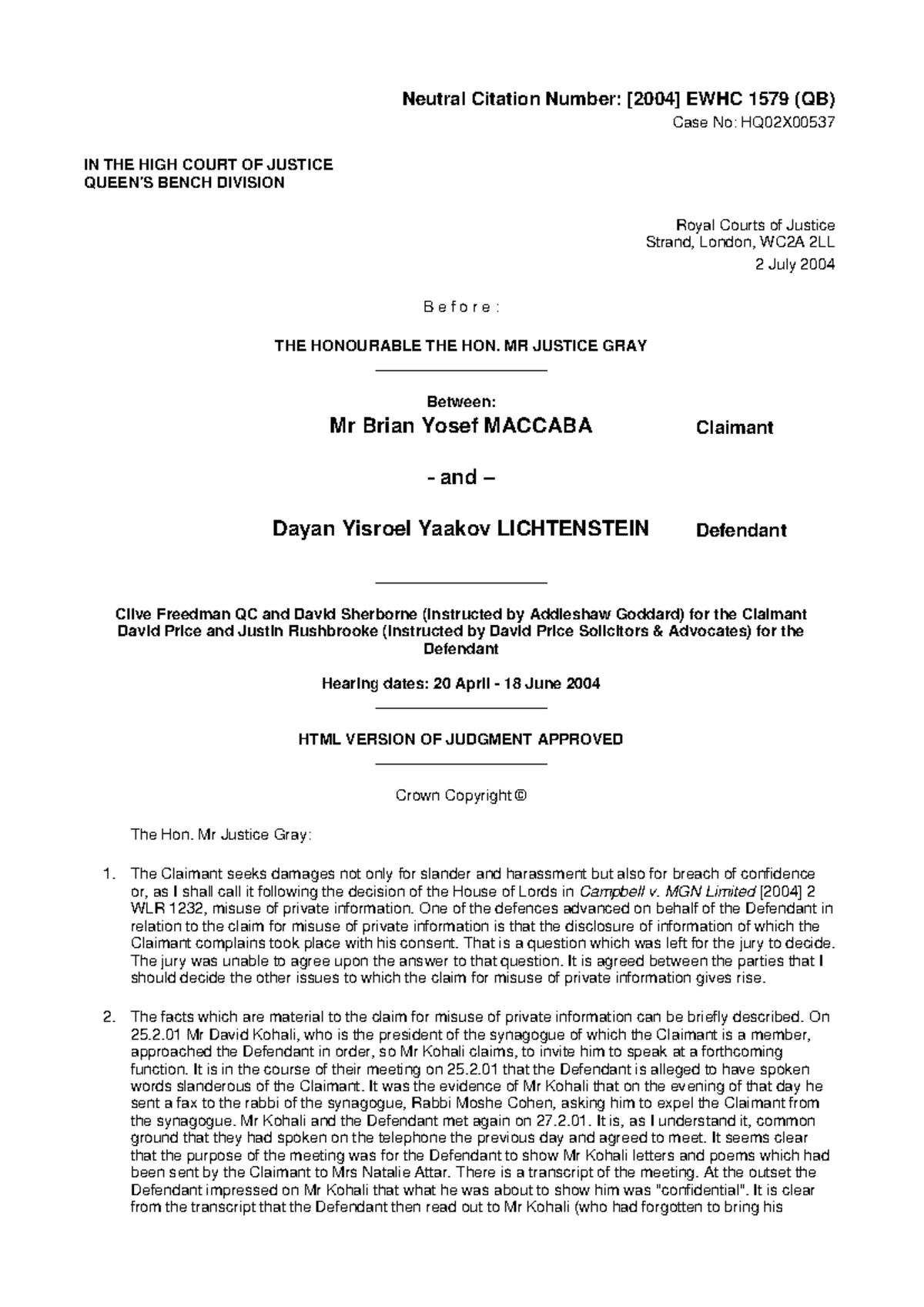 Maccaba v Lichtenstein: High Court Case Analysis on Privacy Misuse ...