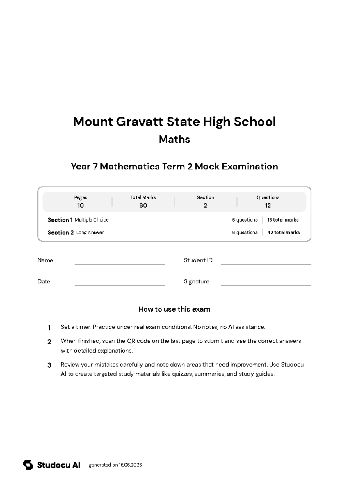 Year 7 Mathematics Term 2 Mock Exam - Studocu