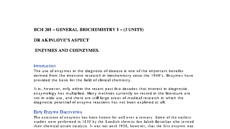 BCH 201 - Enzymes and Coenzymes: Key Concepts in Biochemistry - Studocu