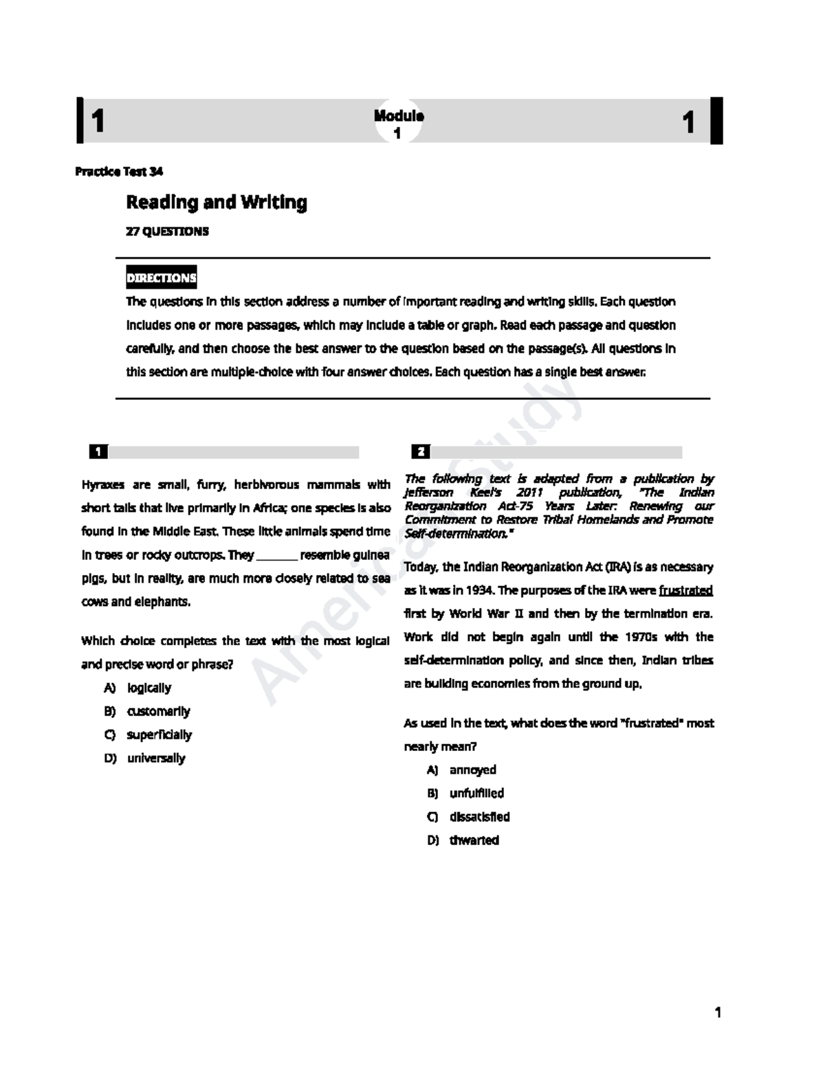 SAT Practice Test 34: Reading and Writing Skills Assessment - Studocu