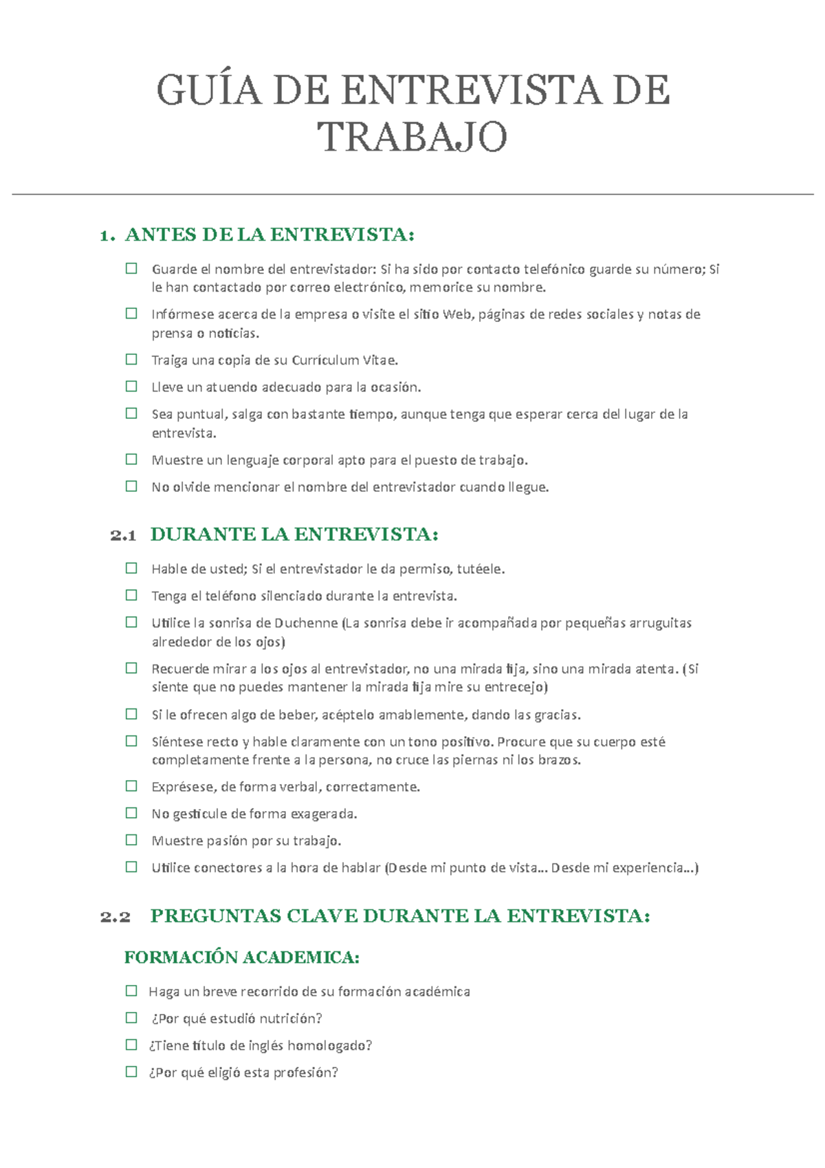 Guía de Entrevista de Trabajo: Ejercicios 1, 2 y 3 de Orientación ...