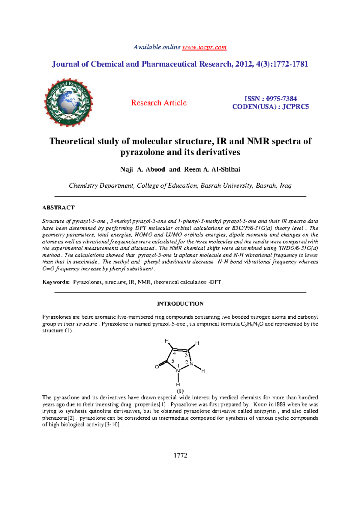 Theoretical Study of Molecular Structure, IR & NMR Spectra of ...