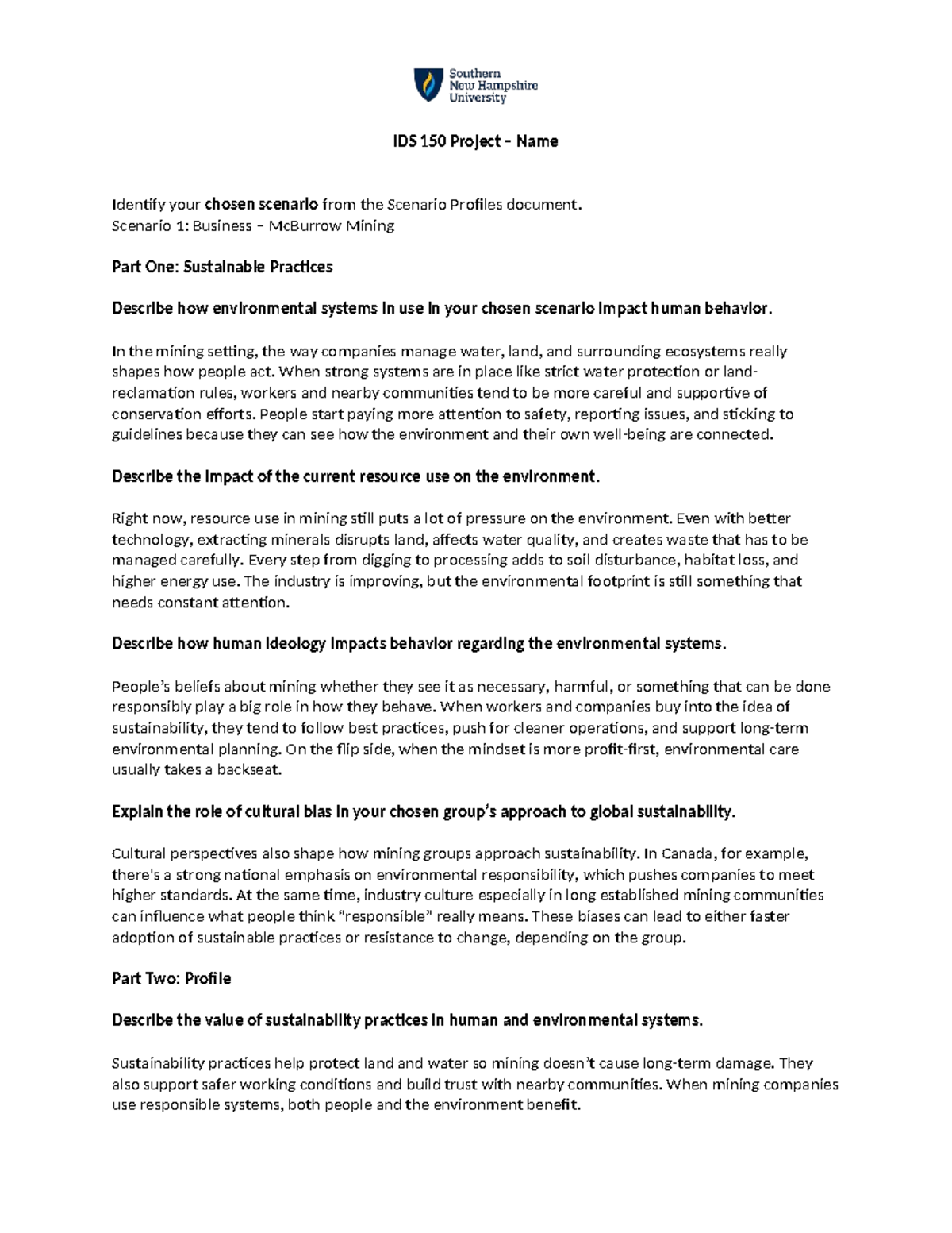 IDS 150 Project Draft: Sustainable Practices in McBurrow Mining - Studocu