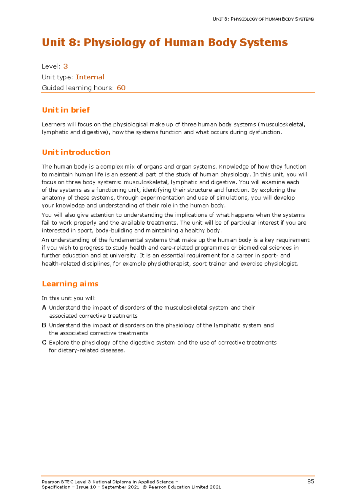 BTEC Level 3 Applied Science Unit 8: Physiology of Human Body Systems - Studocu