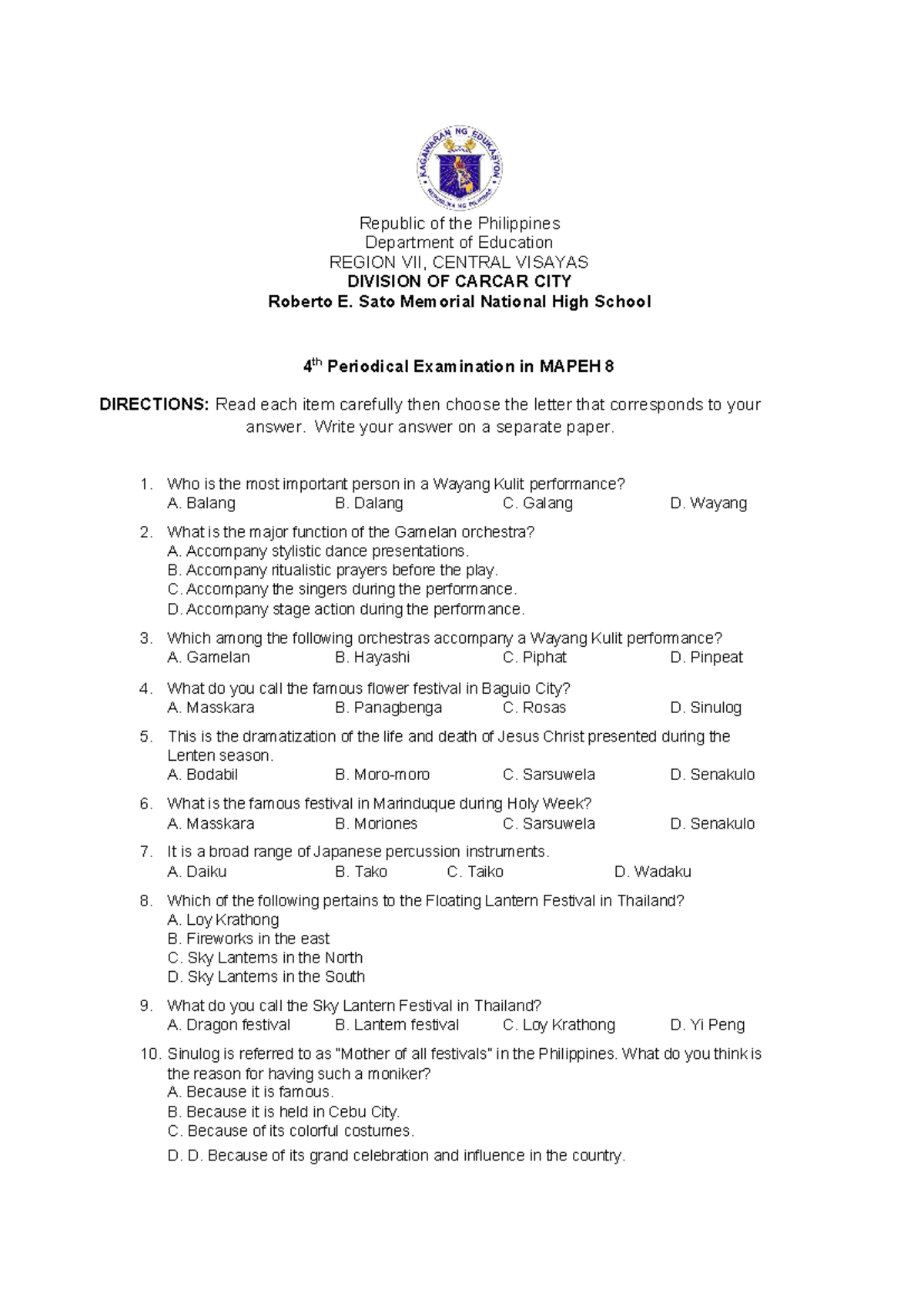 MAPEH 8 4th Quarter Final Exam Review and Practice - Studocu