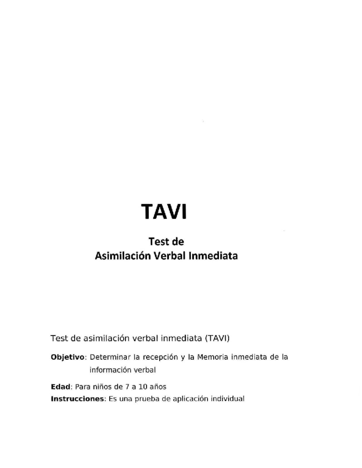 TAVI 7-10 años: Test de Asimilación Verbal Inmediata - Studocu