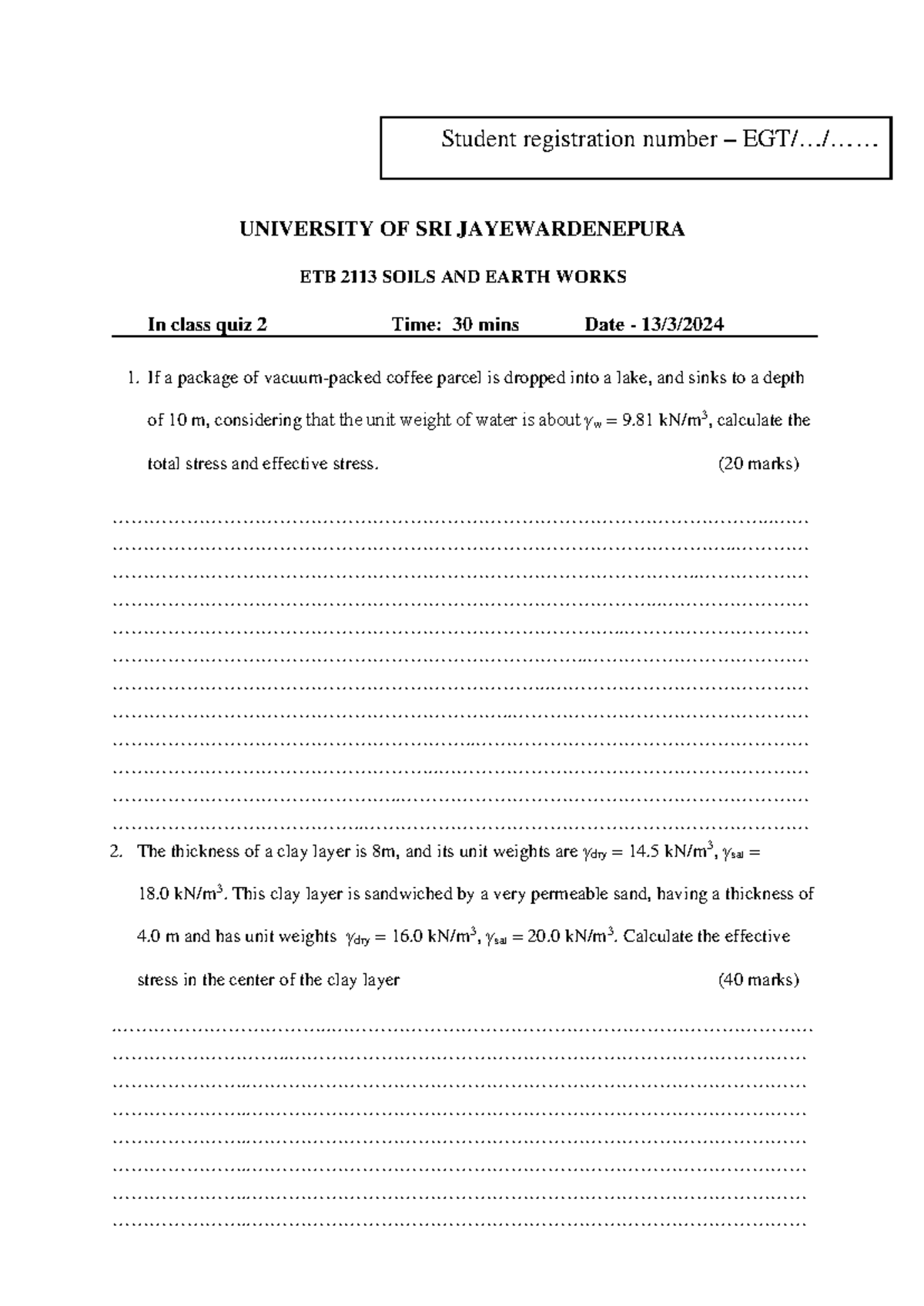 ETB 2113 Soils and Earth Works Quiz 2: Stress Calculations - Studocu