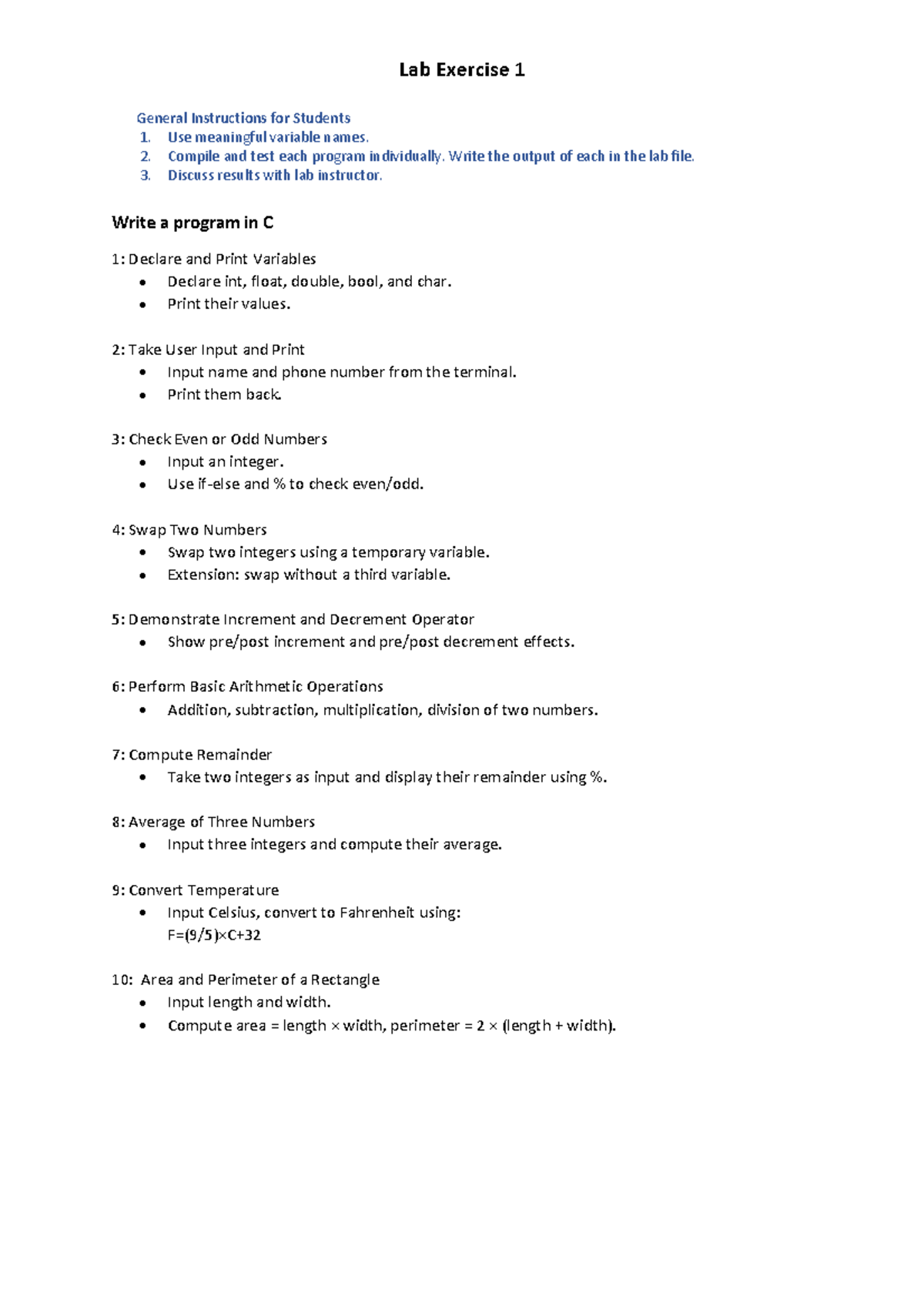 LAB 1 - Simple C Programs: General Instructions & Exercises - Studocu