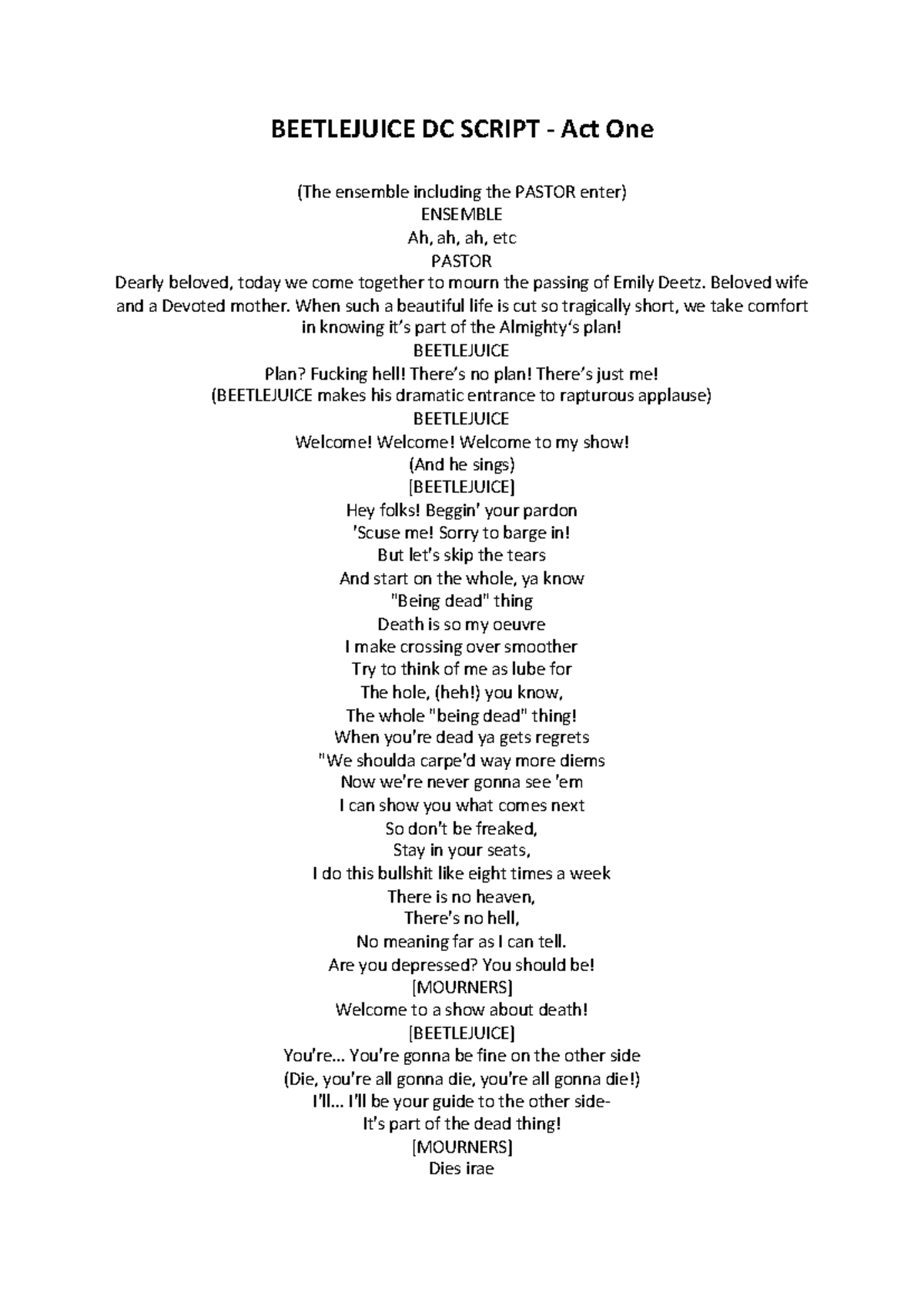 Beetlejuice DC Musical Script: Act One Highlights and Lyrics - Studocu