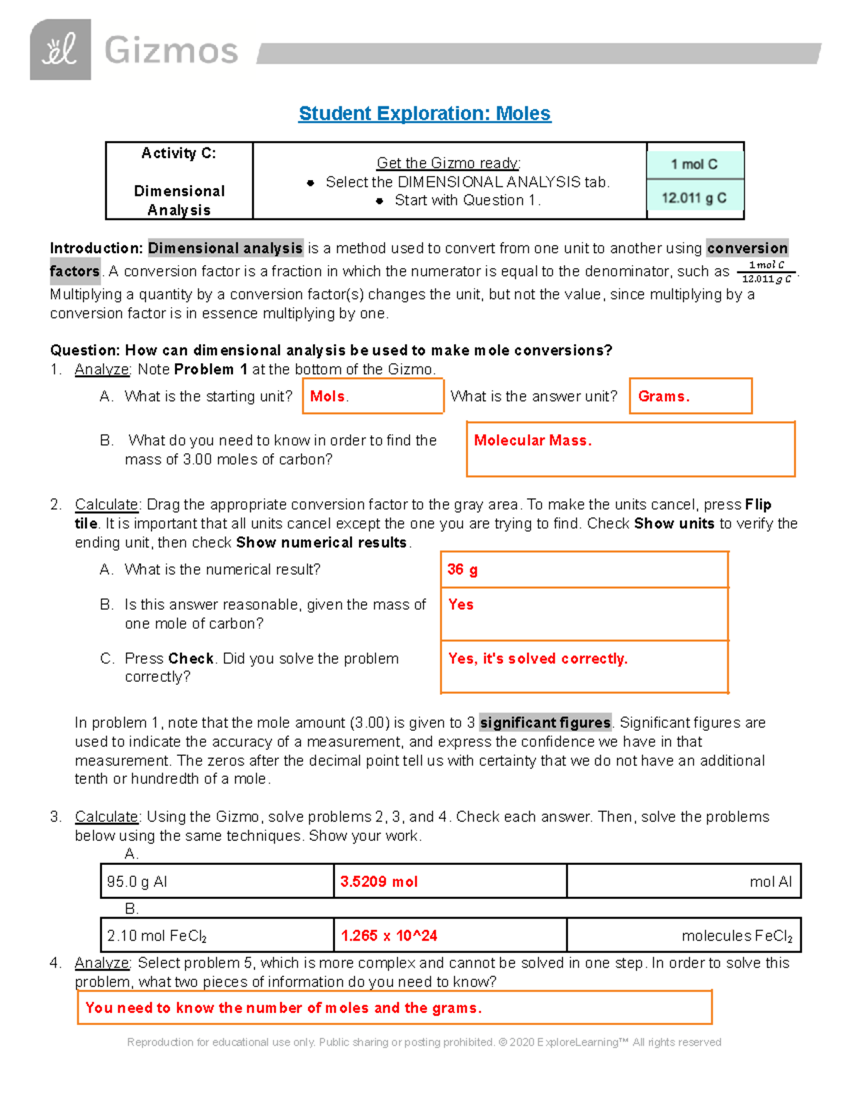 Student Exploration: Moles - Dimensional Analysis Guide (2 Gizmos ...
